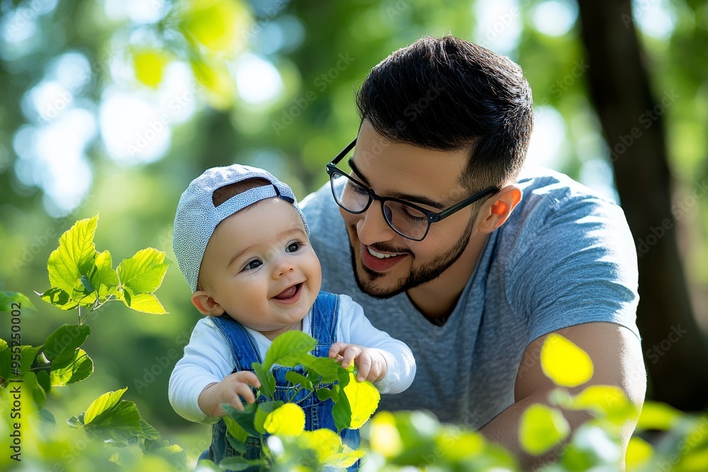 Dad and baby outdoor playtime is captured in a realistic photo of a ...