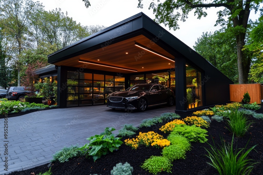 Eco-friendly garage innovations are highlighted in a realistic photo of ...