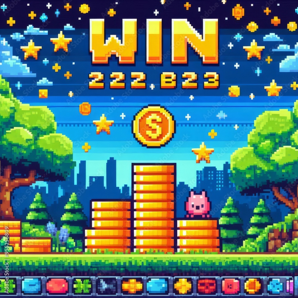 Pixel game art win background. Retro 8 bit video games screen, computer ...