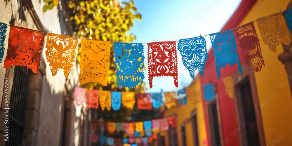Vibrant papel picado banners hanging across a street in a Mexican town ...