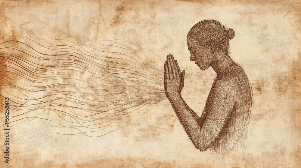 A hand-drawn sketch of a person kneeling with hands together in prayer ...