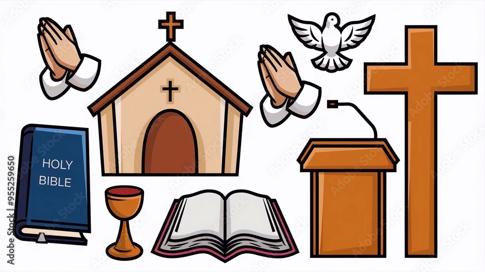 Catholic religious symbols. Various elements: chapel, praying hands ...