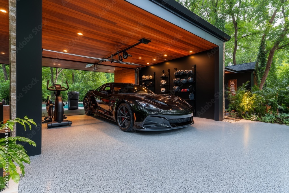 Multi-purpose garage space is captured in a realistic photo of a garage ...