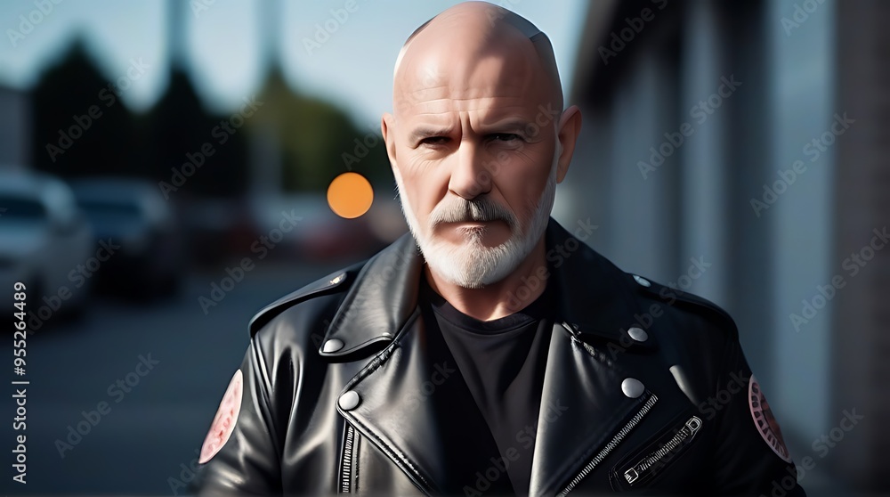 tough senior white man gray beard partially bald wearing black leather ...