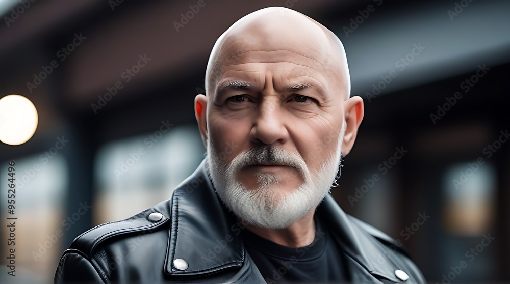tough senior white man gray beard partially bald wearing black leather ...