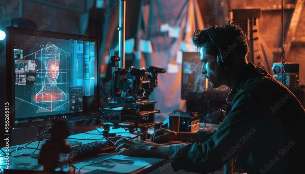 A filmmaker edits a movie, assisted by an AI hologram suggesting scene ...