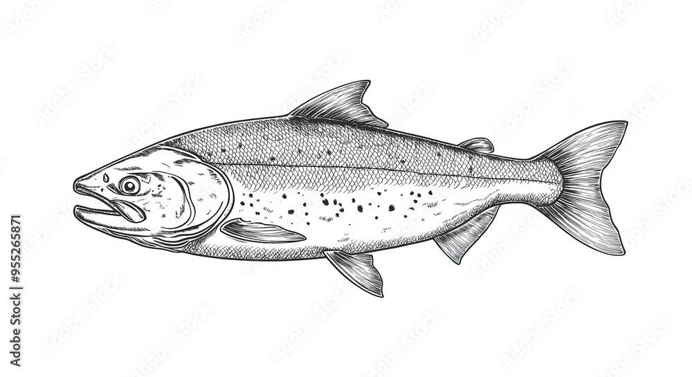 Fish sketch salmon trout. Vintage retro print, black white salmon trout ...