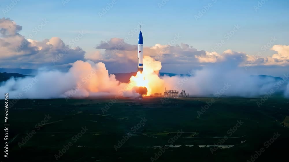 Rocket launch sequence against sunset sky. A dynamic depiction of a ...