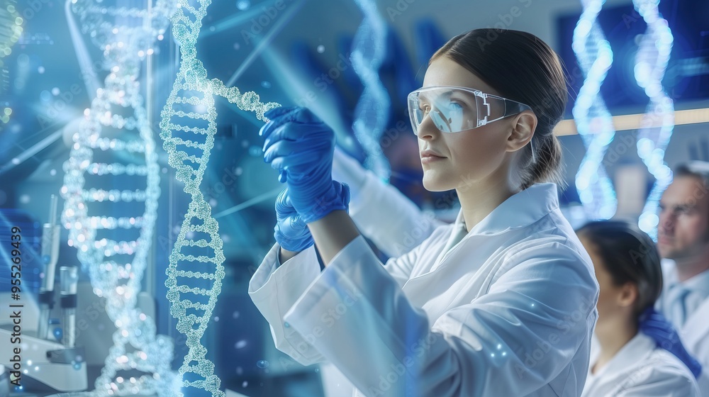female scientist in lab coat safety goggles examines 3D model of DNA ...