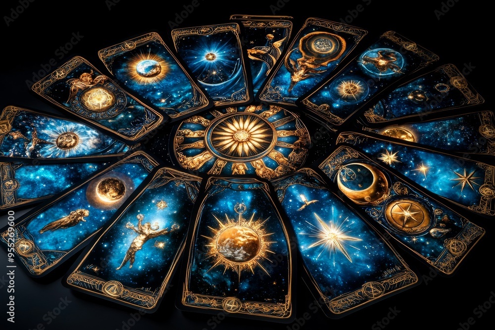 Zodiac signs in a celestial tarot deck, depicted in an artwork where ...