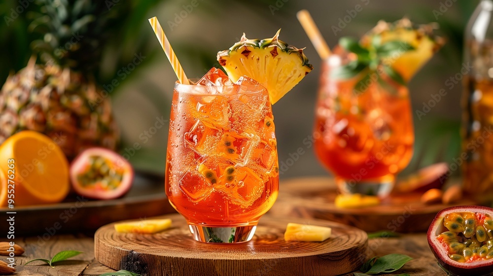 Tropical pineapple passion fruit cocktails closeup image. Exotic aperol ...