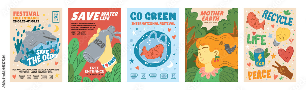 Earth posters. Green eco day. Environmental design icons for cover ...