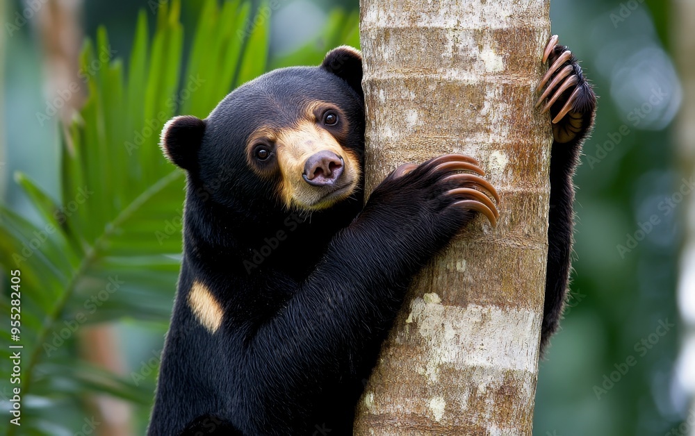 A sun bear clings to a tree trunk in its natural rainforest habitat ...
