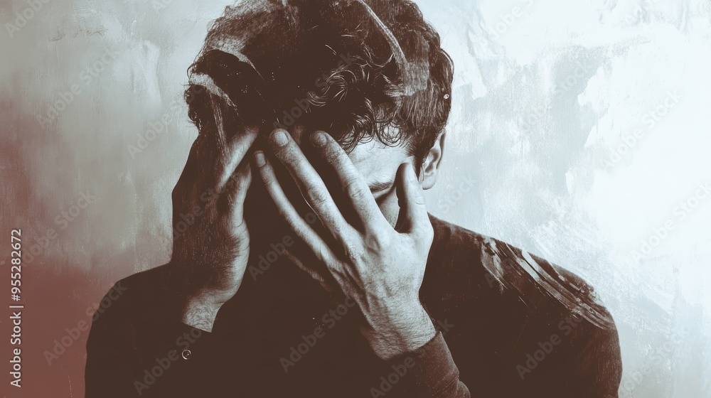 A Contemporary Collage Depicting a Man in Vintage Clothing, Overwhelmed ...