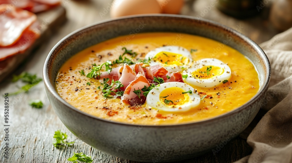 A bowl of rich and creamy salmorejo soup, garnished with hard-boiled ...