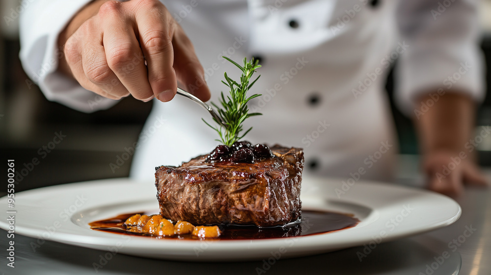 A chef plating a bone-in ribeye steak with a rich huckleberry port ...
