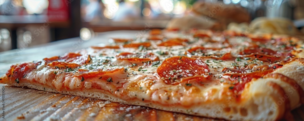 Close Up Of A Delicious Pepperoni Pizza Slice With Melted Cheese And