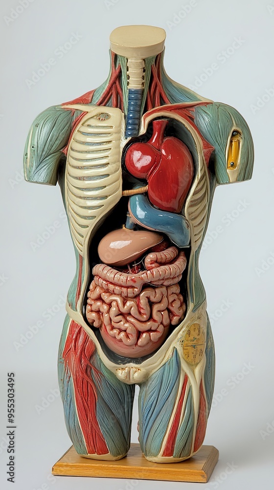 Anatomical model of the human torso with an open chest, showing ...