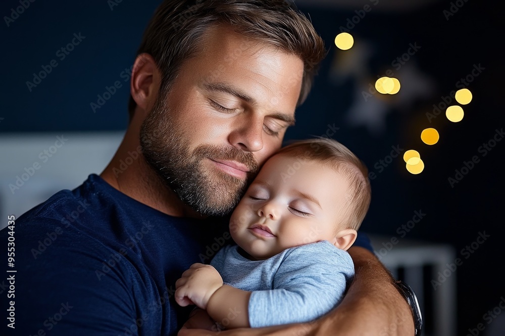 Dad comforting baby to sleep is captured in a realistic photo of a ...