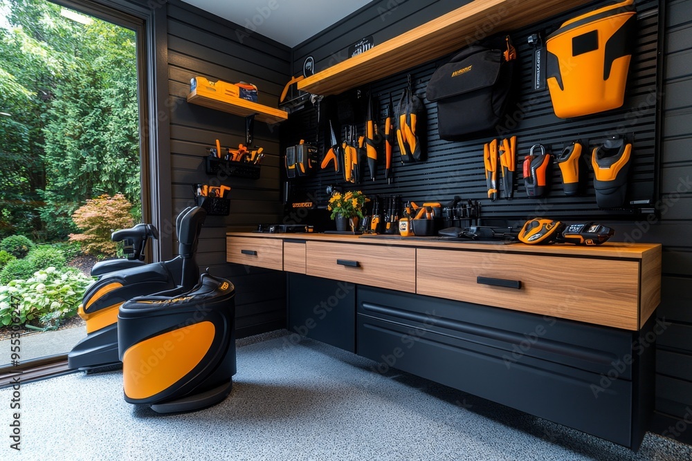 Garage space optimization is depicted in a minimalist design focusing ...