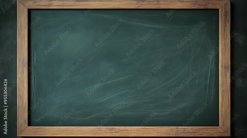 Empty green chalkboard background with wooden frame. Dirty erased chalk ...