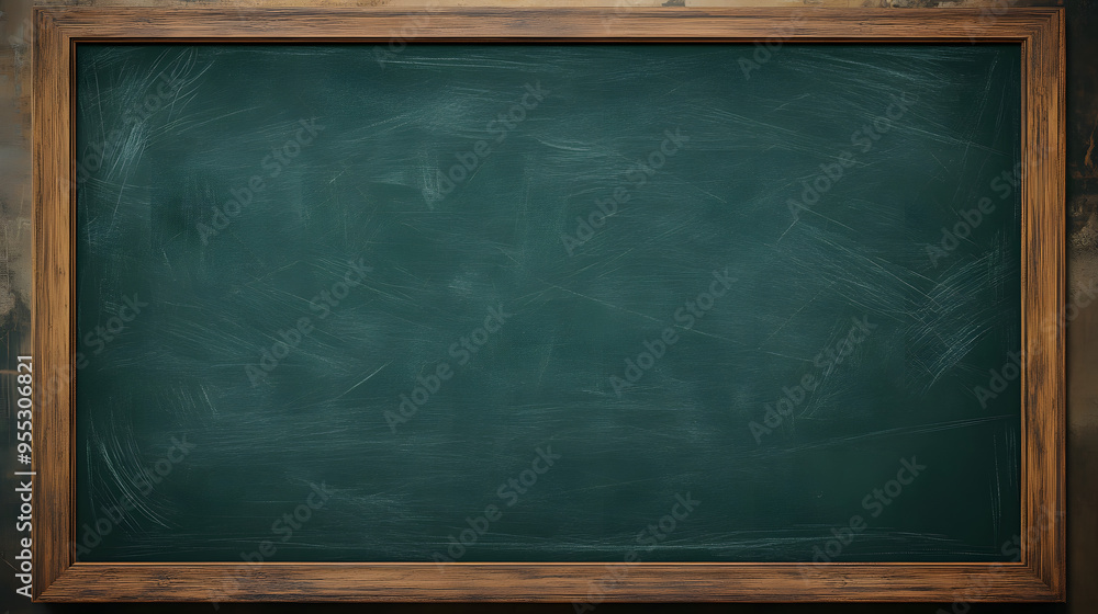 Empty green chalkboard background with wooden frame. Dirty erased chalk ...