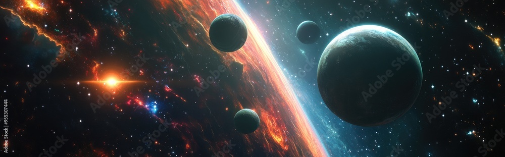 2D illustration in a 3D cartoon rendering style Vast deep space with ...
