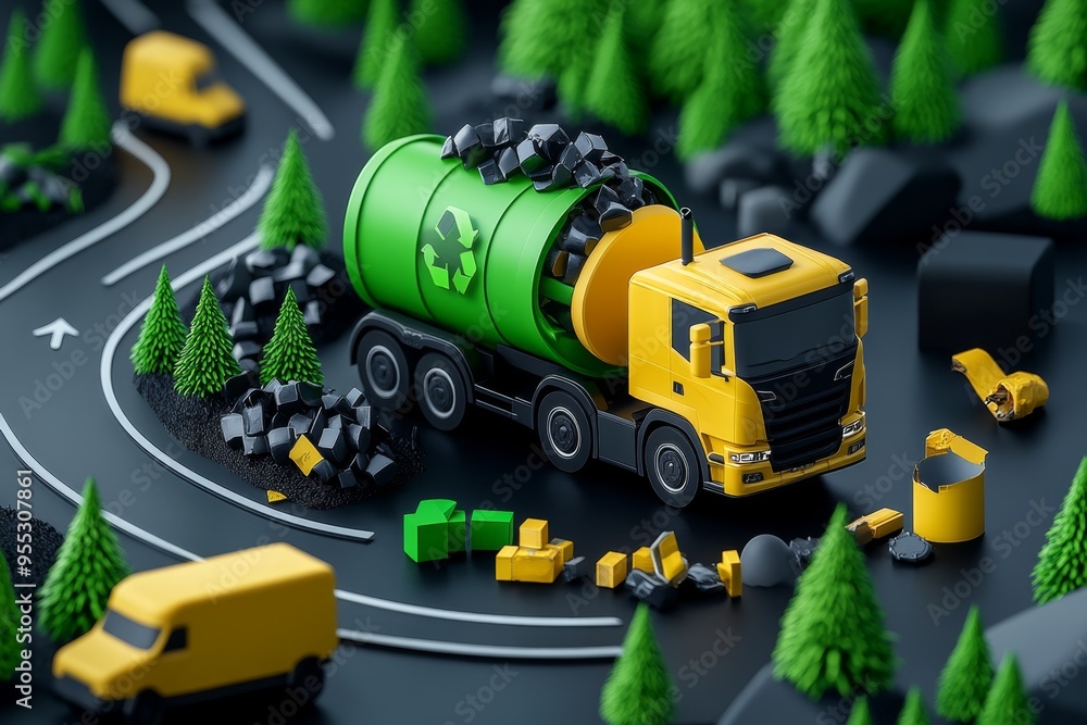 Garbage and renewable resources are featured in a detailed illustration ...