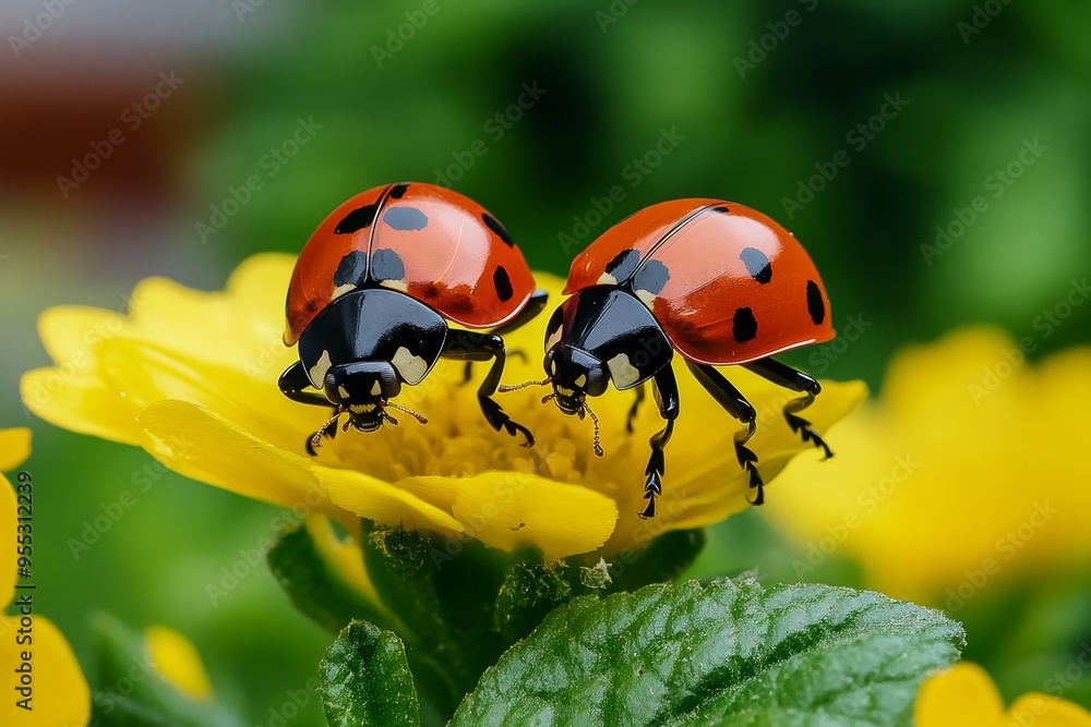 Ladybugs, flying through the air, graceful arcs make the garden come ...