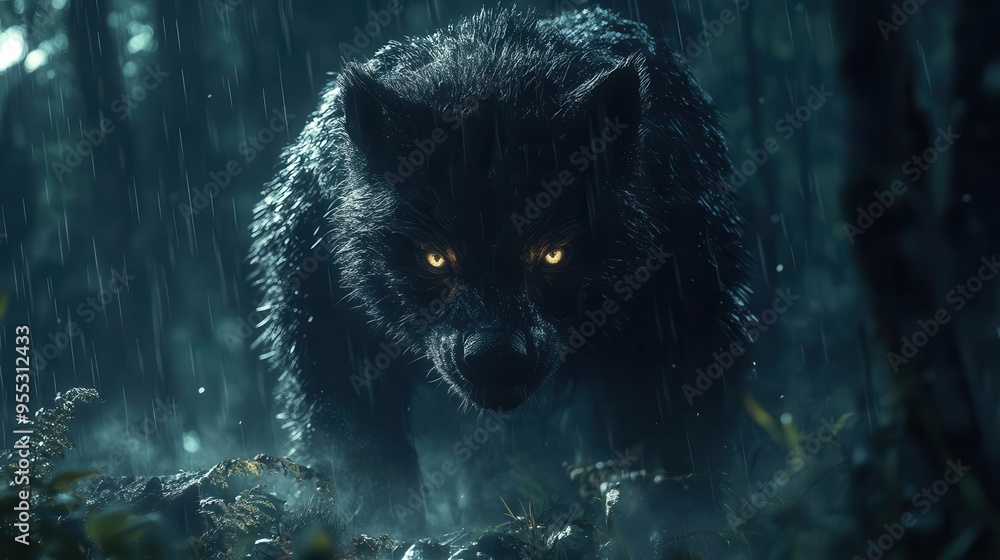 fierce tasmanian devil prowls misty nighttime forest glowing eyes ...