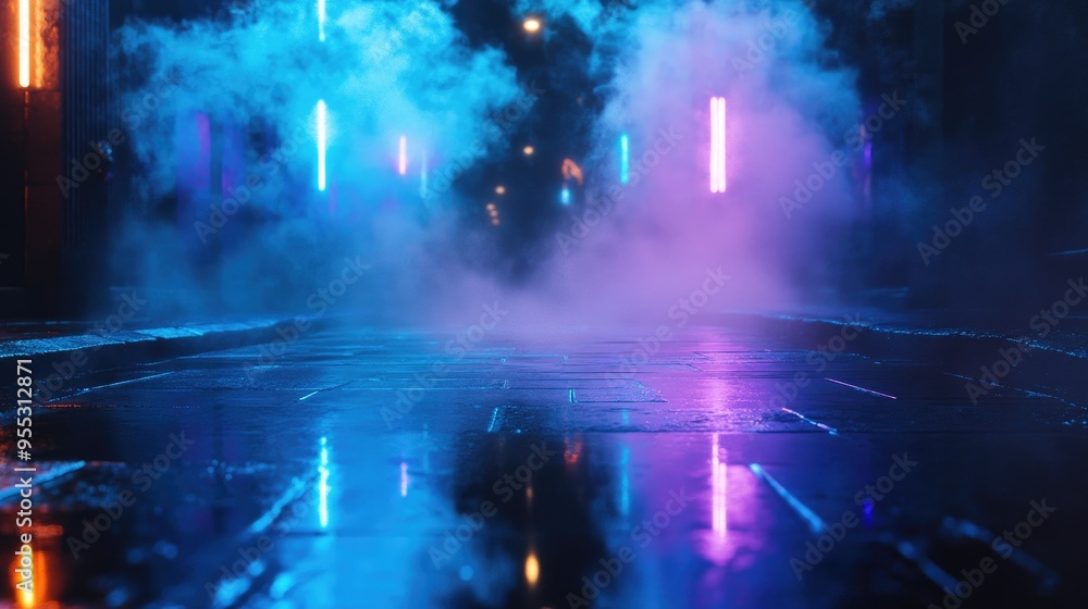 Empty backdrop scene featuring dark street reflections on wet pavement ...