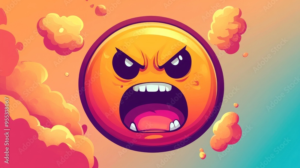 2D cartoon illustration of an angry emoticon expressing shock with a ...
