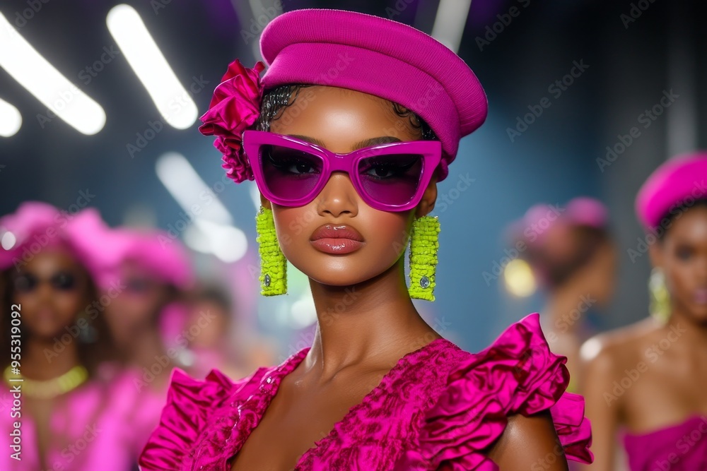 Viva Magenta fashion runway with bold statement pieces, captured in a ...
