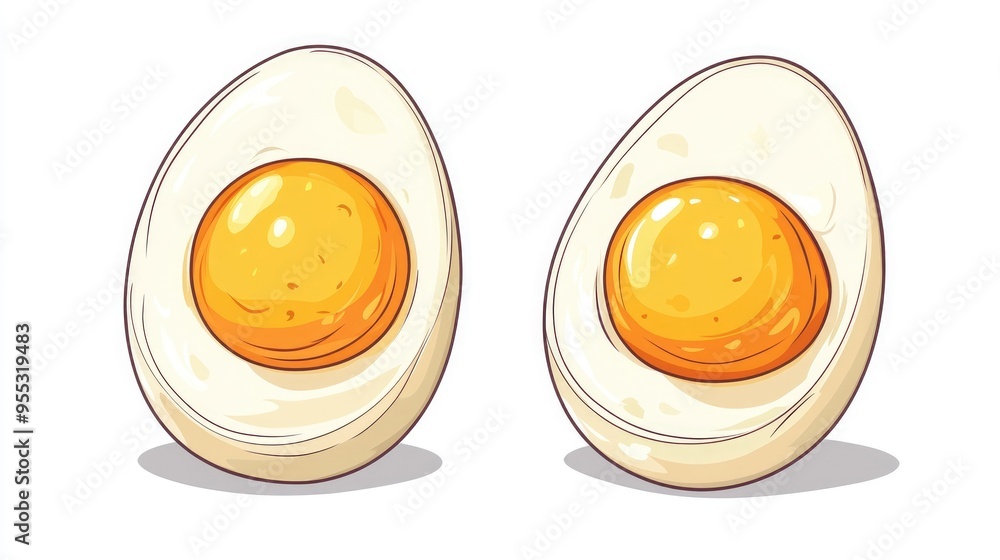 2D cartoon illustration of a hard boiled egg set against a white ...