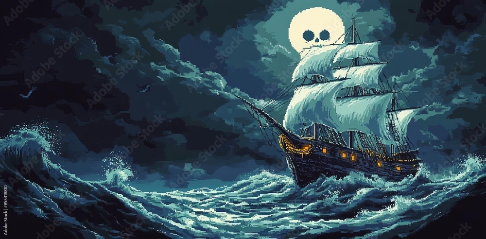 Retro 8-bit ghost ship sailing on pixelated stormy seas, Retro 8-bit ...