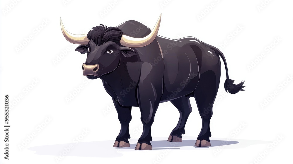 Cartoon illustration of a black bull set against a white background in ...