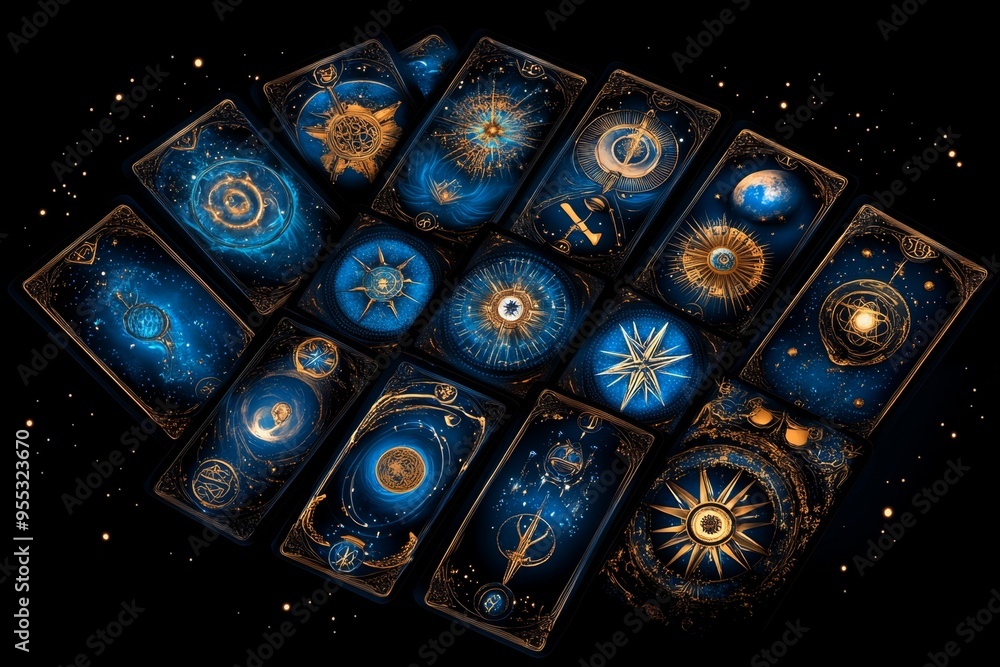 Zodiac signs in a mystical tarot card set, illustrated in a scene where ...
