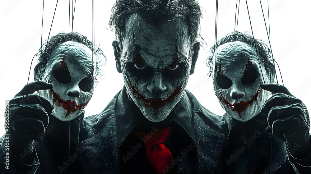 Sinister puppet master in control of creepy marionettes wearing ...