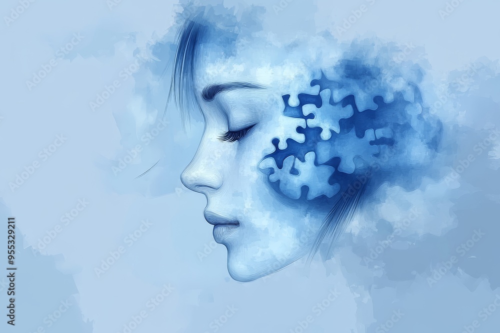 Neural Adaptation Brain Derived Neurotrophic Factor Side Profile Of A Woman With Puzzle Pieces