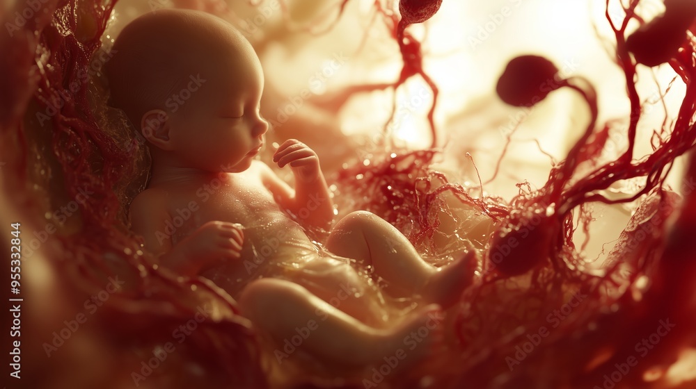 An unborn baby peacefully resting in the womb surrounded by amniotic ...