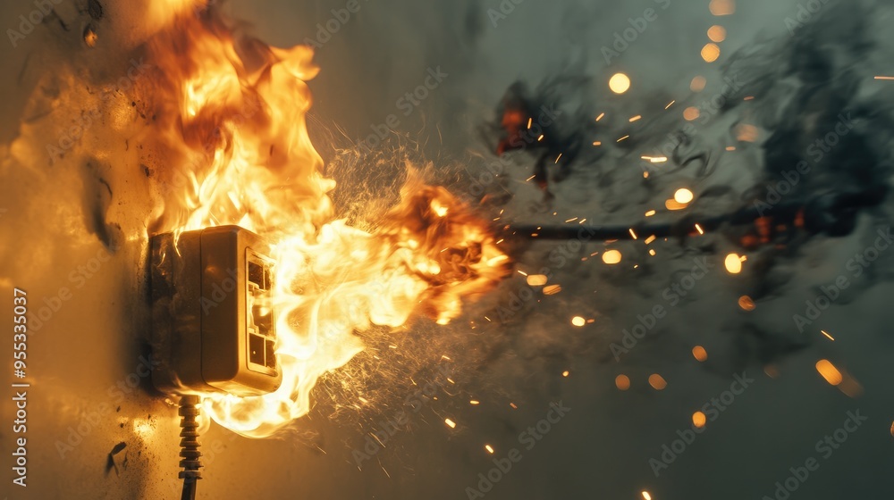 Electrical plug catches fire, with flames and smoke rising, creating a ...