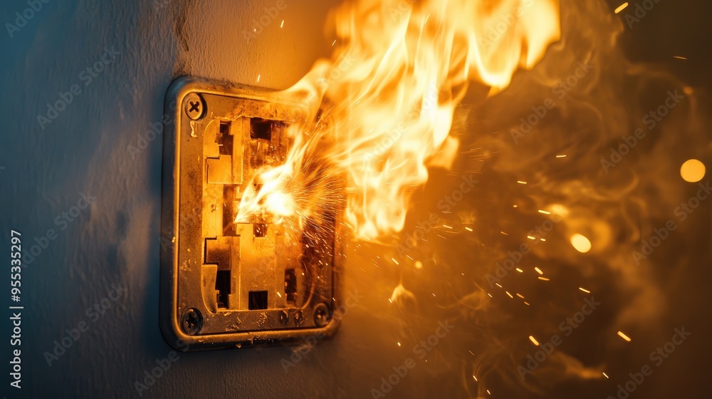 Flames and smoke erupt from a short-circuited wall socket, with ...