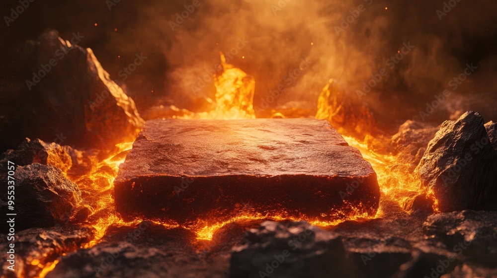Lava erupts around a stone podium, hot magma and burning rocks creating ...