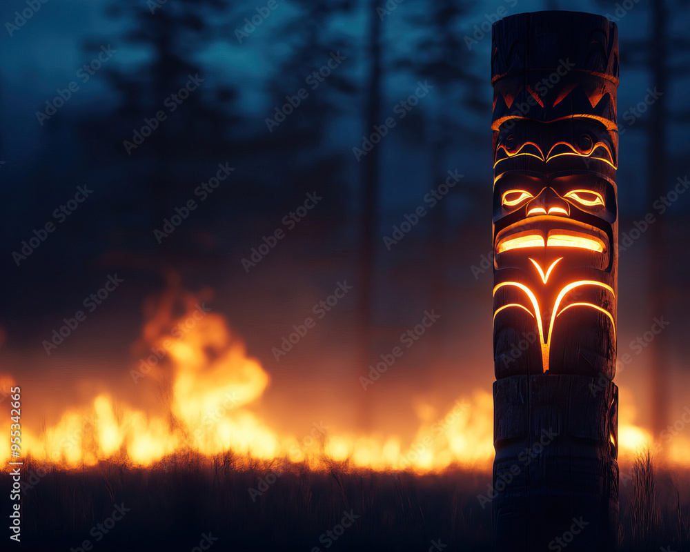 A glowing totem pole stands against a backdrop of a mysterious forest ...