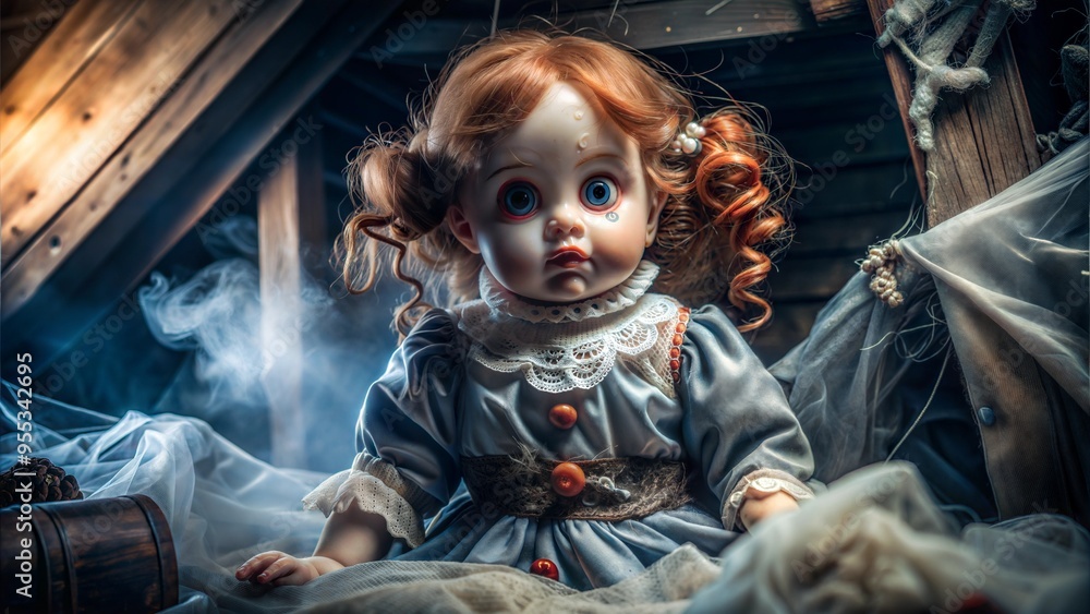 Vintage Creepy Doll Sitting in an Attic with Cobwebs Stock Illustration ...