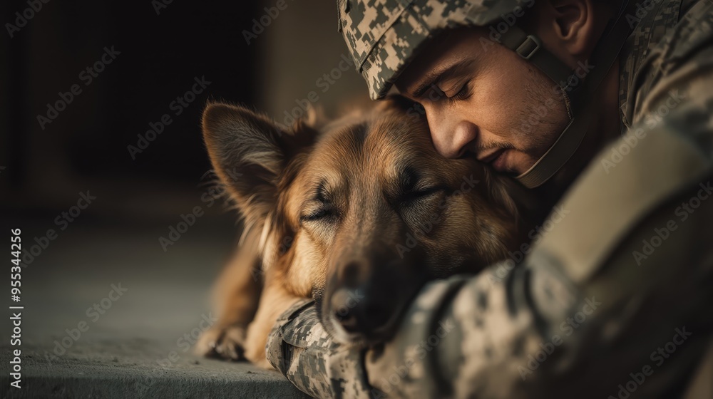 A military dog resting and cuddling with a soldier, symbolizing deep ...