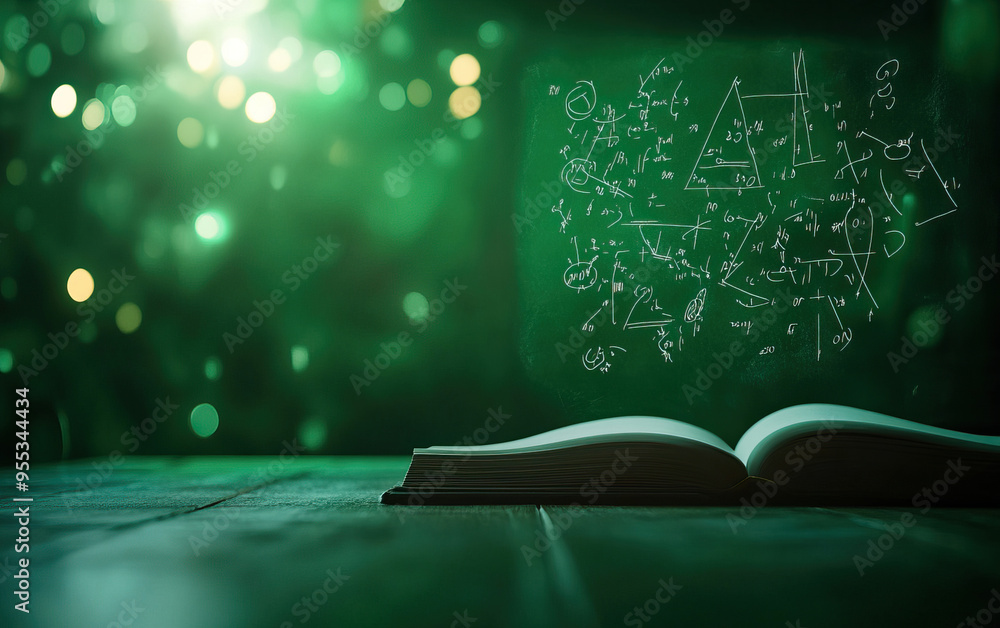 An open book with mathematical symbols glowing in a green background ...
