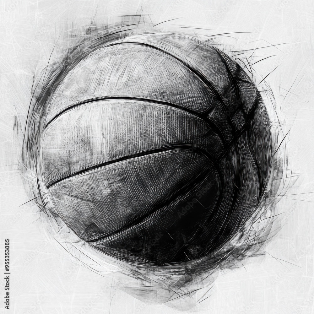 A Detailed Black and White Abstract Basketball Sketch with Intricate ...