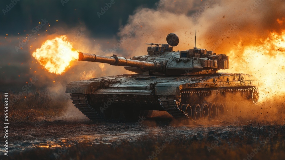 Tank firing cannon on battlefield. Flames, smoke erupting from barrel ...