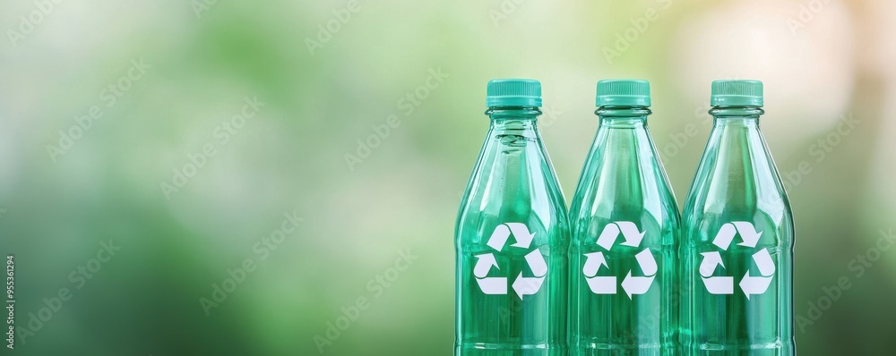 Three green plastic bottles with recycling symbols, representing eco ...